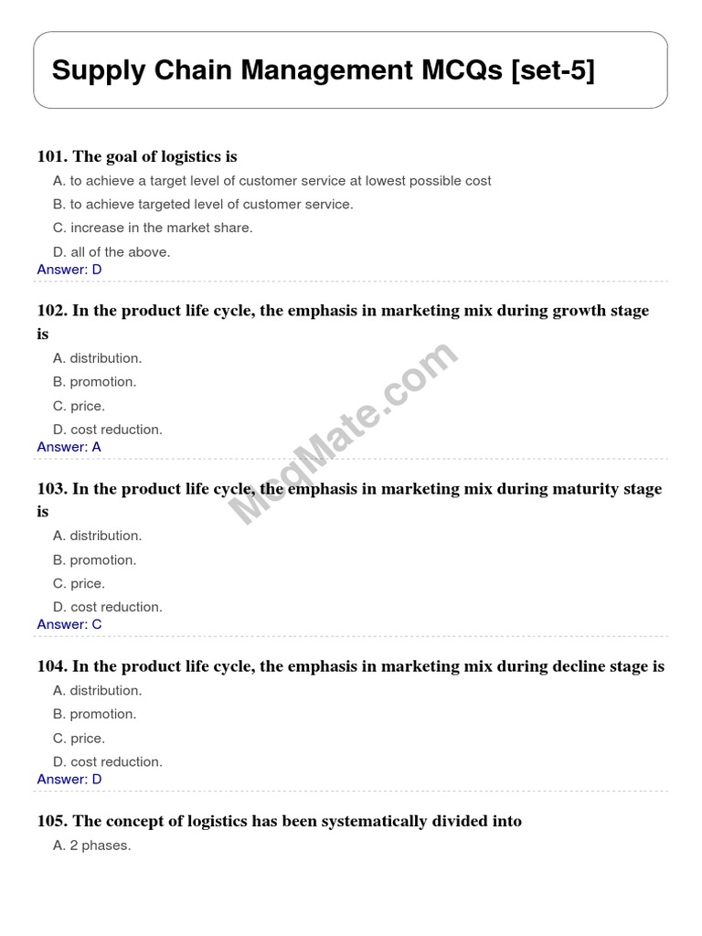 Supply Chain Management Solved MCQs (Set-5) PDF | PDF Supply Chain Management Solved MCQs (Set-5) PDF | PDF