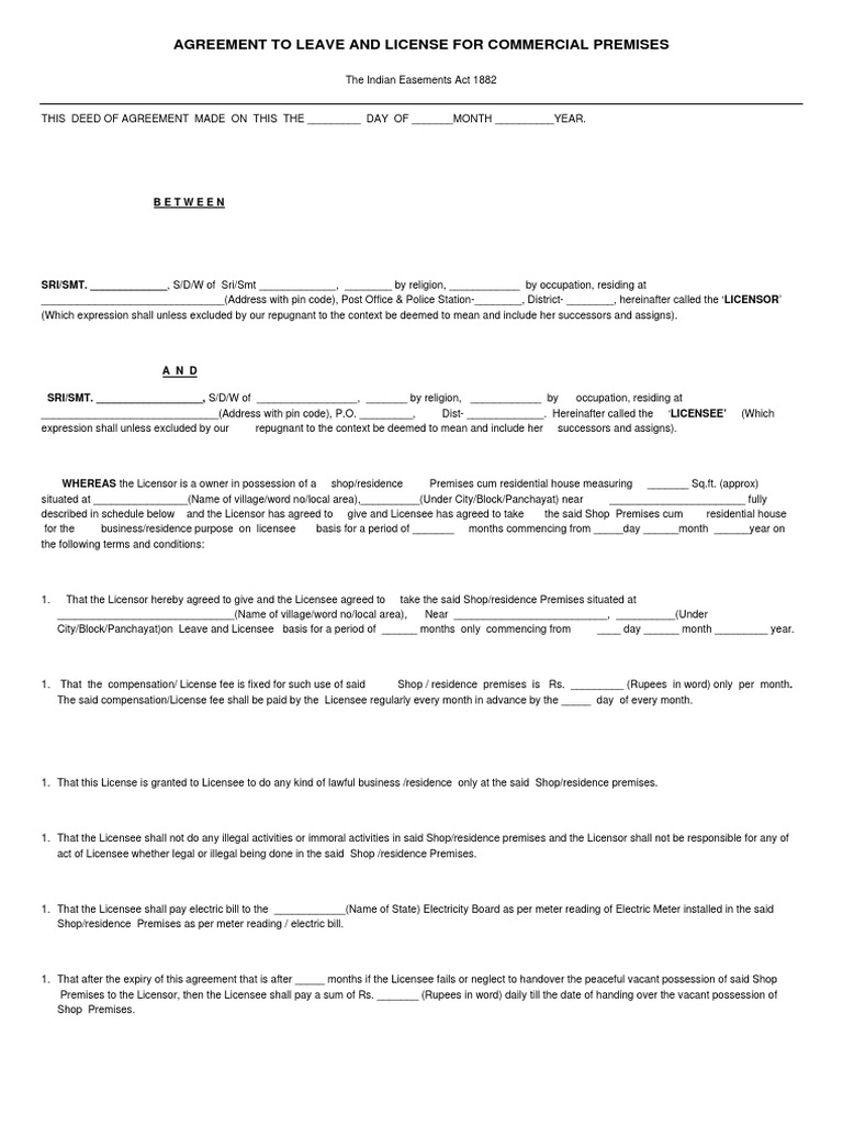 Agreement To Leave and License For Commercial Premises 487 | PDF