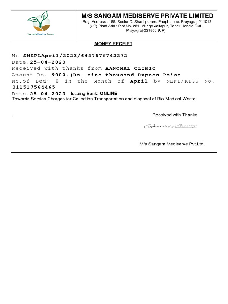 Money receipt from Aanchal Clinic for Rs. 9000 towards service charges ...