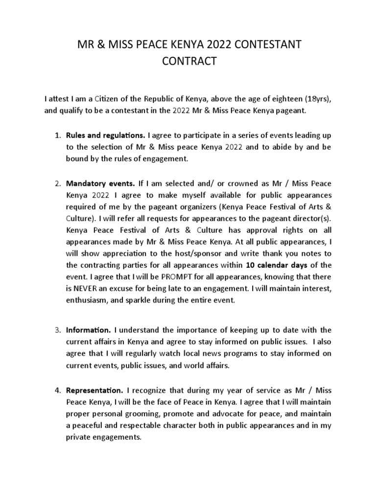 MR & Miss Peace Kenya 2022 Contestant Contract | PDF