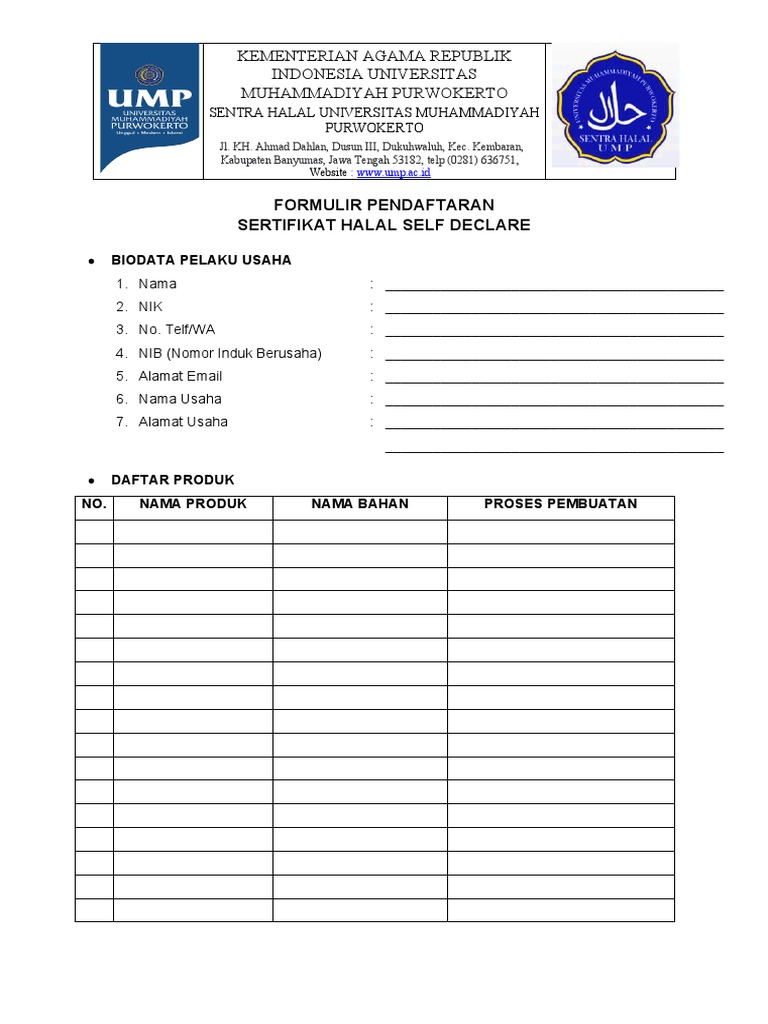 FORMULIR PENDAFTARAN Self Declare UMP | PDF