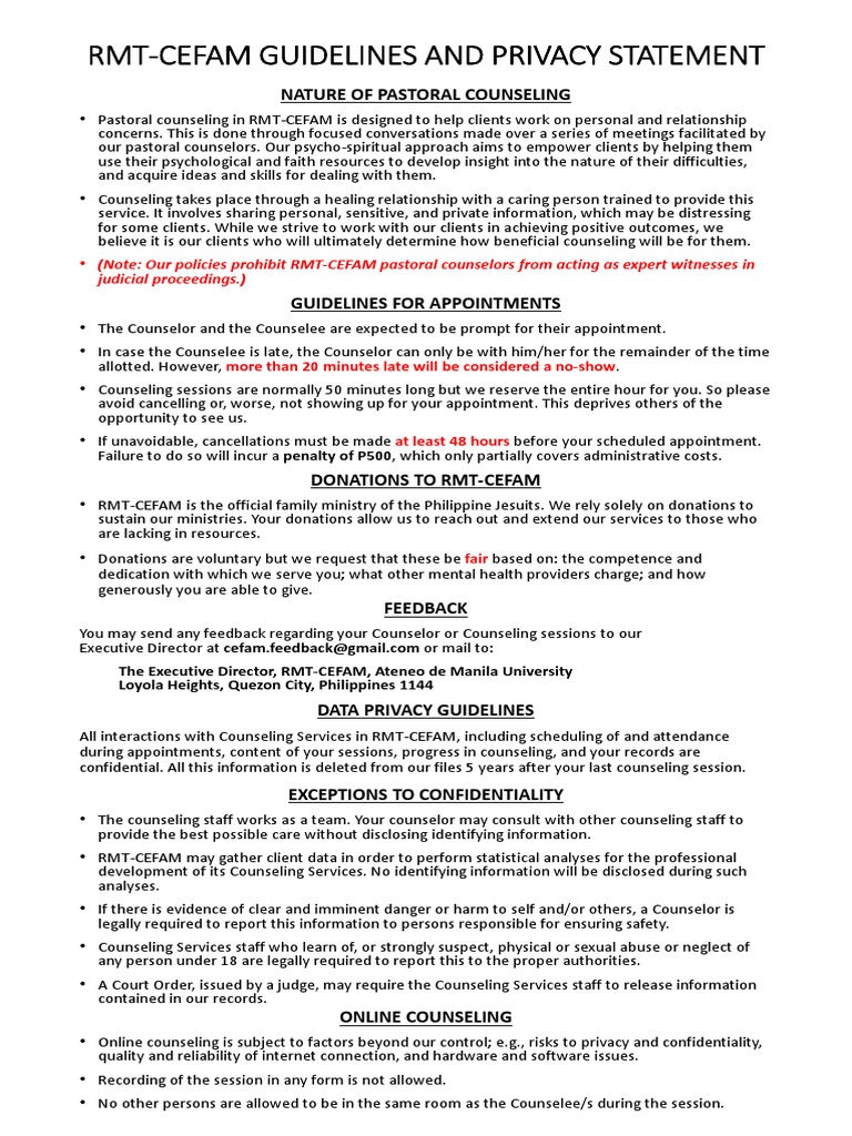 RMT-CEFAM Guidelines & Privacy Statement PDF | Download Free PDF | Counseling Psychology | Privacy