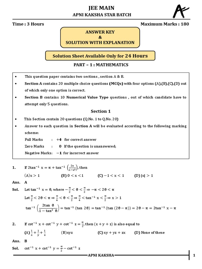 JEE Main Apni Kaksha Star Batch Paper | PDF