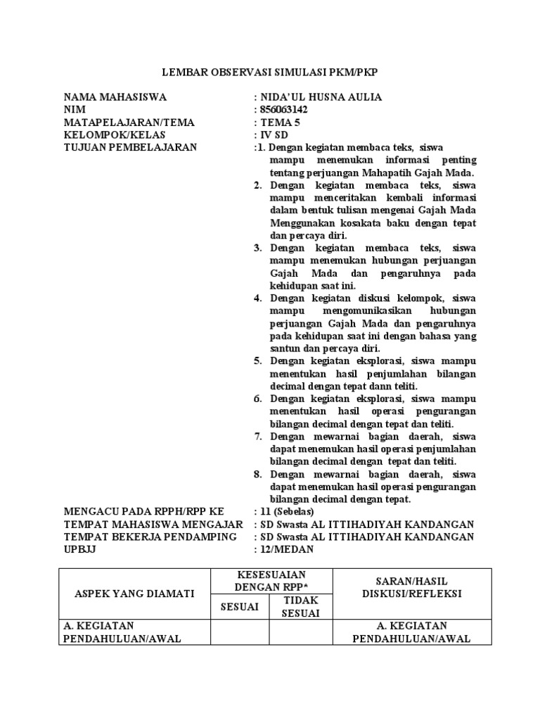 Lembar Observasi Simulasi PKM 8 (Nida'ul Husna Aulia - 856063142) | PDF