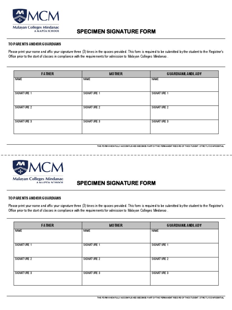 Specimen Signature Form for Parents | PDF