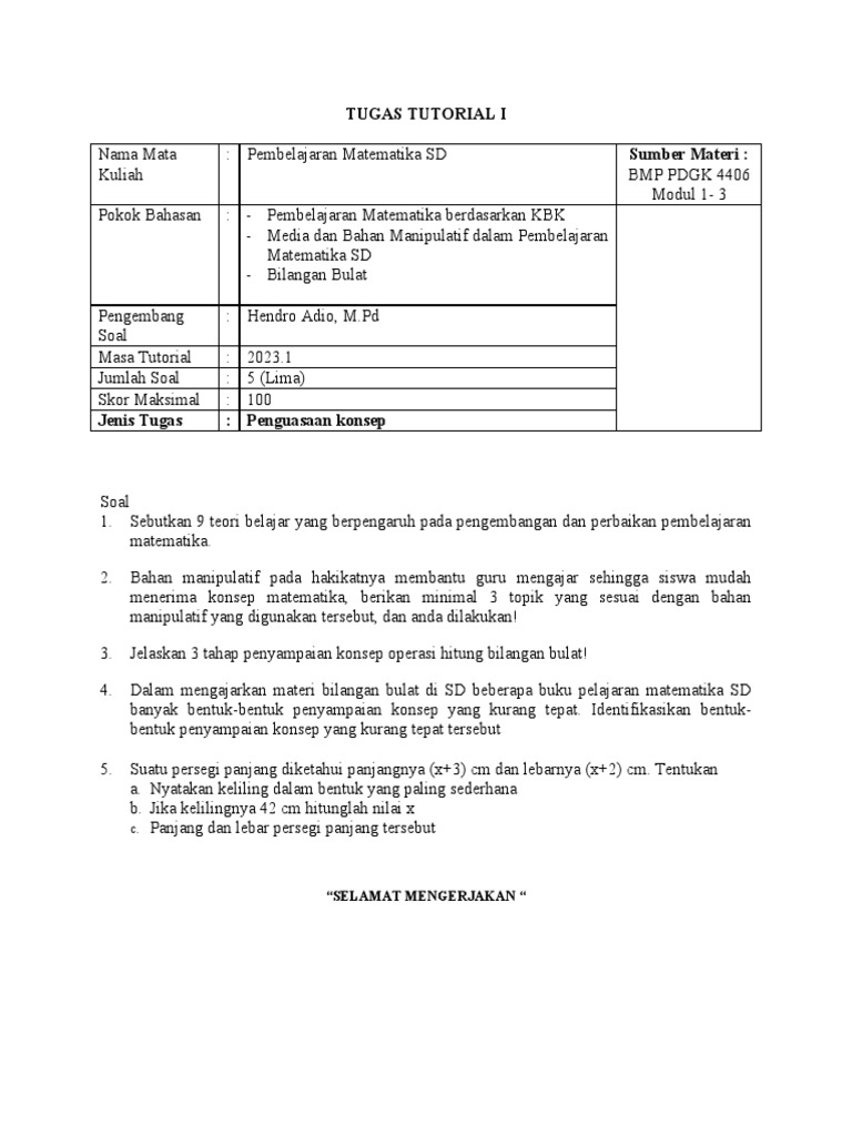 Tugas Tutorial 1 Pemb MTK SD | PDF