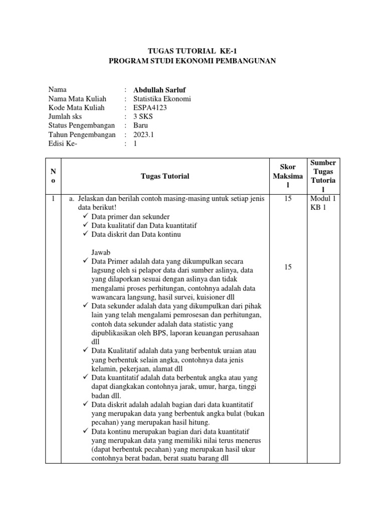 SOAL TUGAS TUTORIAL ESPA4123 KE 1 Terbaru | PDF