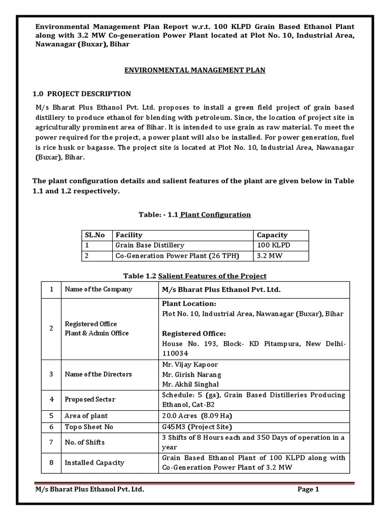 100 KLPD ethanol plant EMP report | PDF