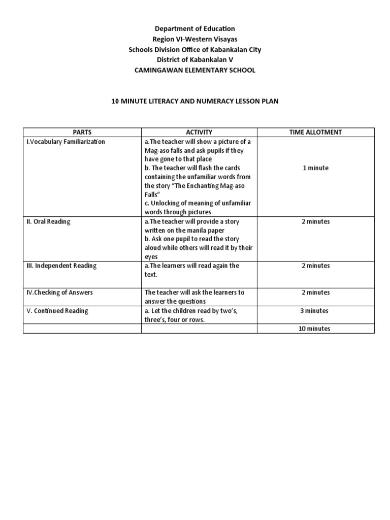 10 Minute Literacy and Numeracy Lesson Plan | PDF