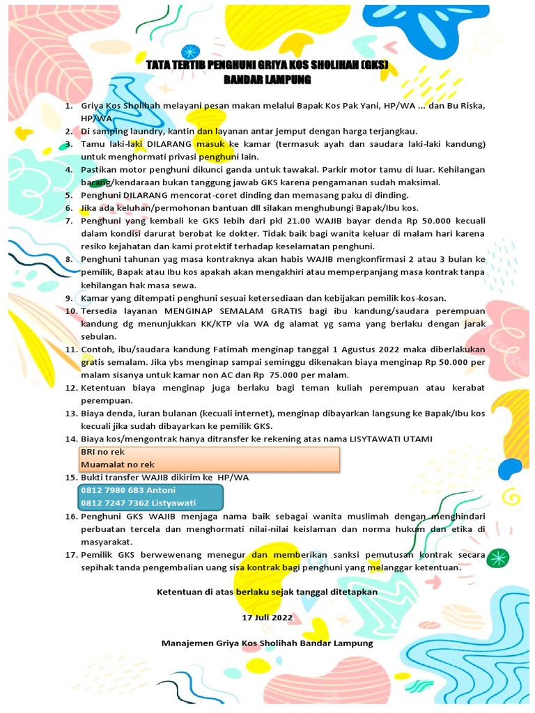 Tata Tertib Penghuni Griya Kos Sholihah PDF | PDF