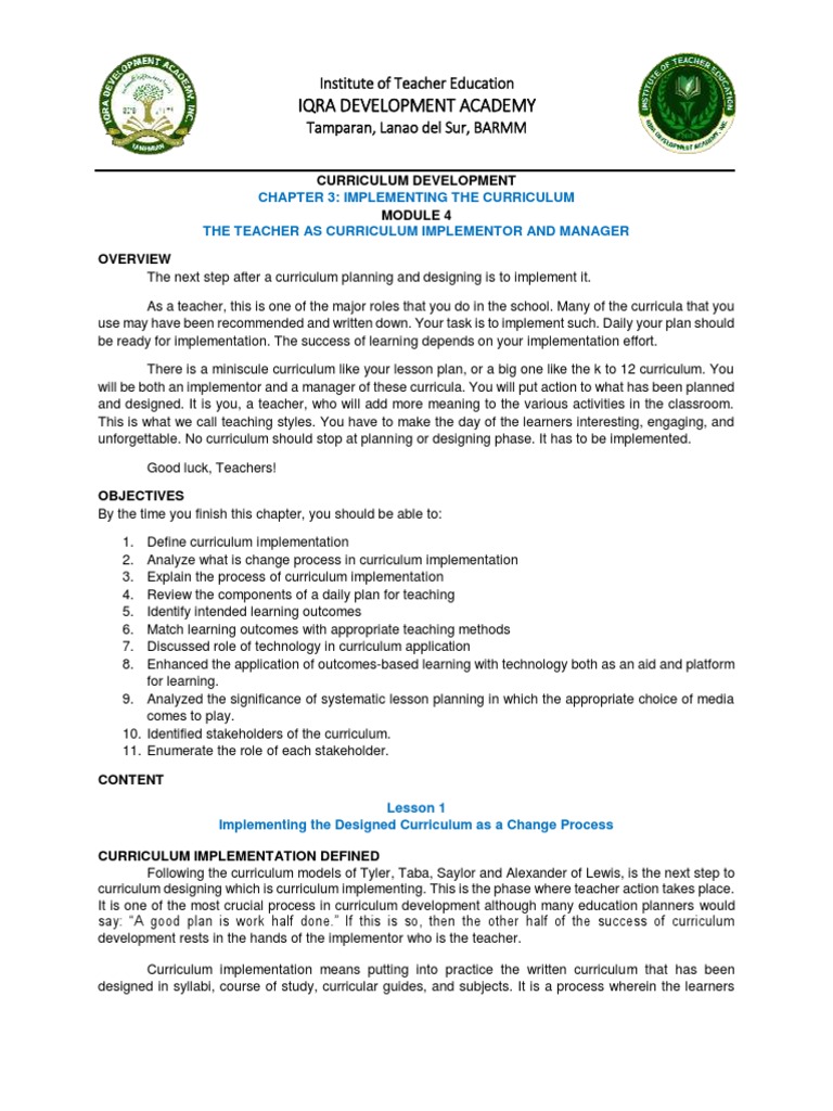 Module 4 Curriculum Development 1 | PDF | Curriculum | Learning Styles