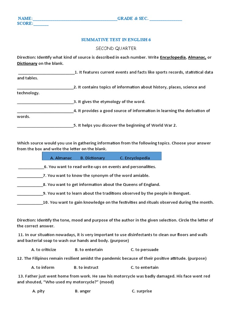 Grade 6 English Q2 Summative Test | PDF