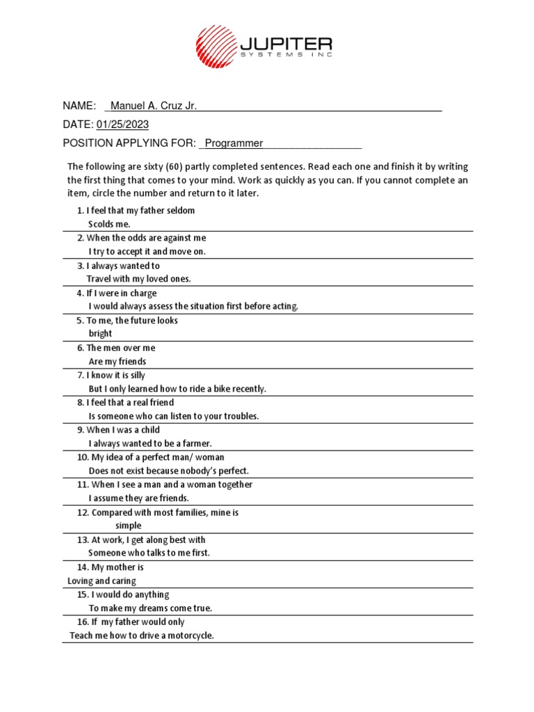 023 JSI Sentence Completion Test | PDF