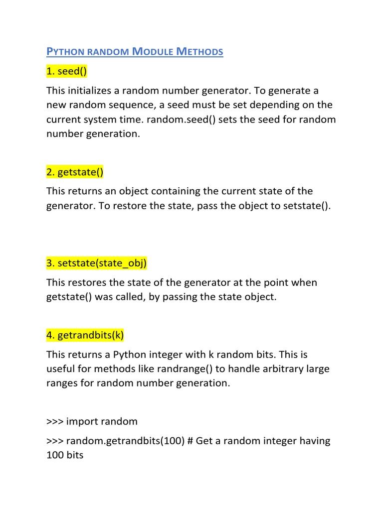 Python Random Module Methods PDF | PDF