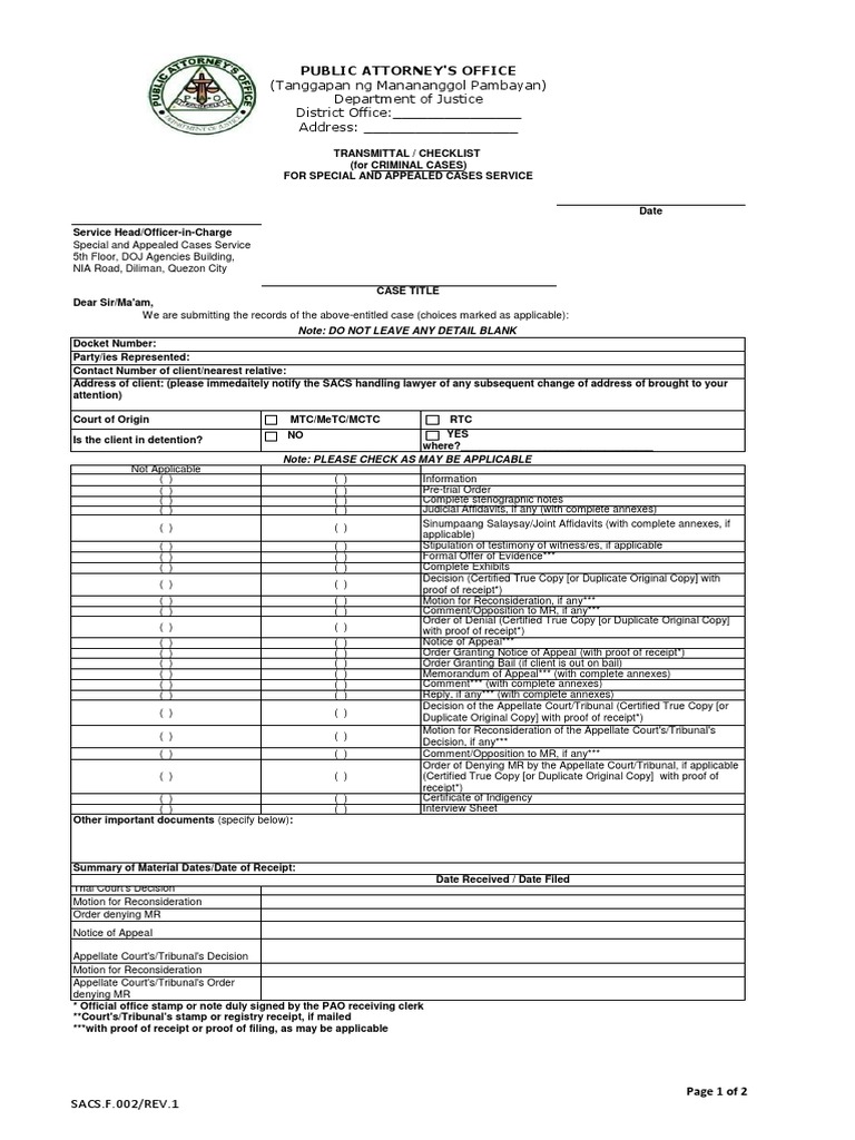 SACS Transmittal Form-Rev1 - CRIMINAL-SACS.F PDF | PDF