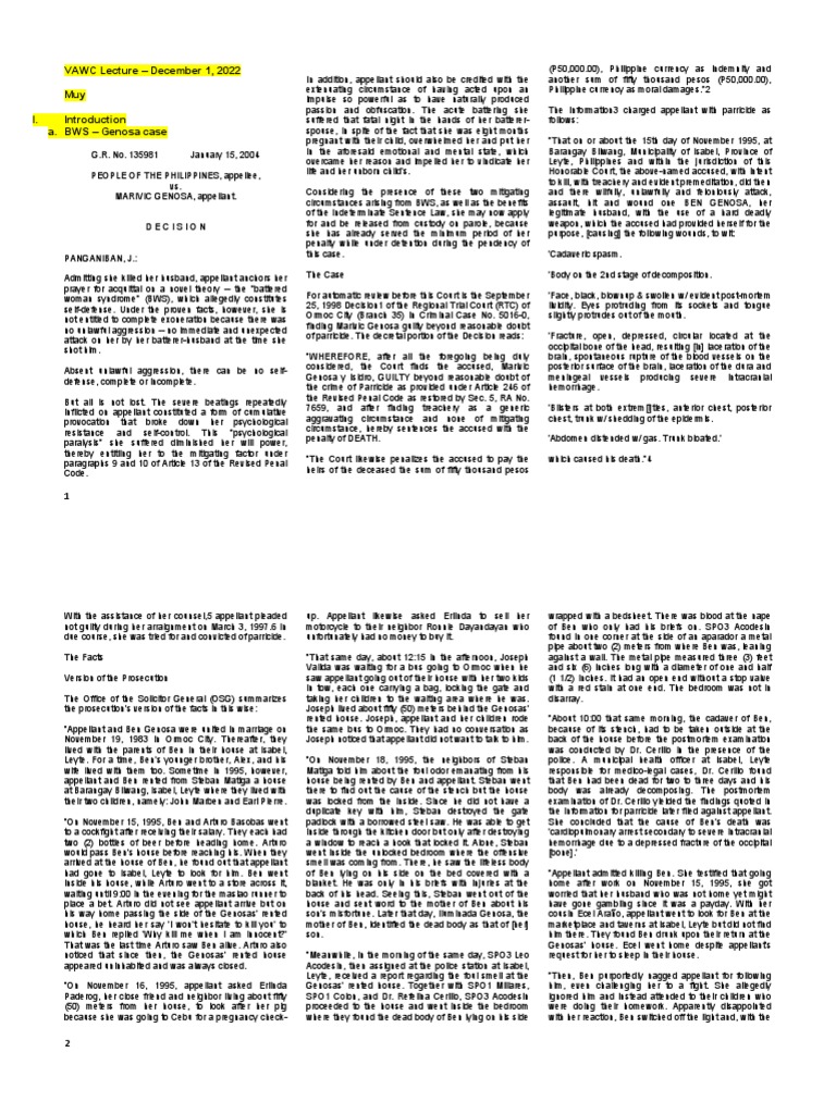 Battered Woman Syndrome in Genosa Case | PDF | Domestic Violence ...