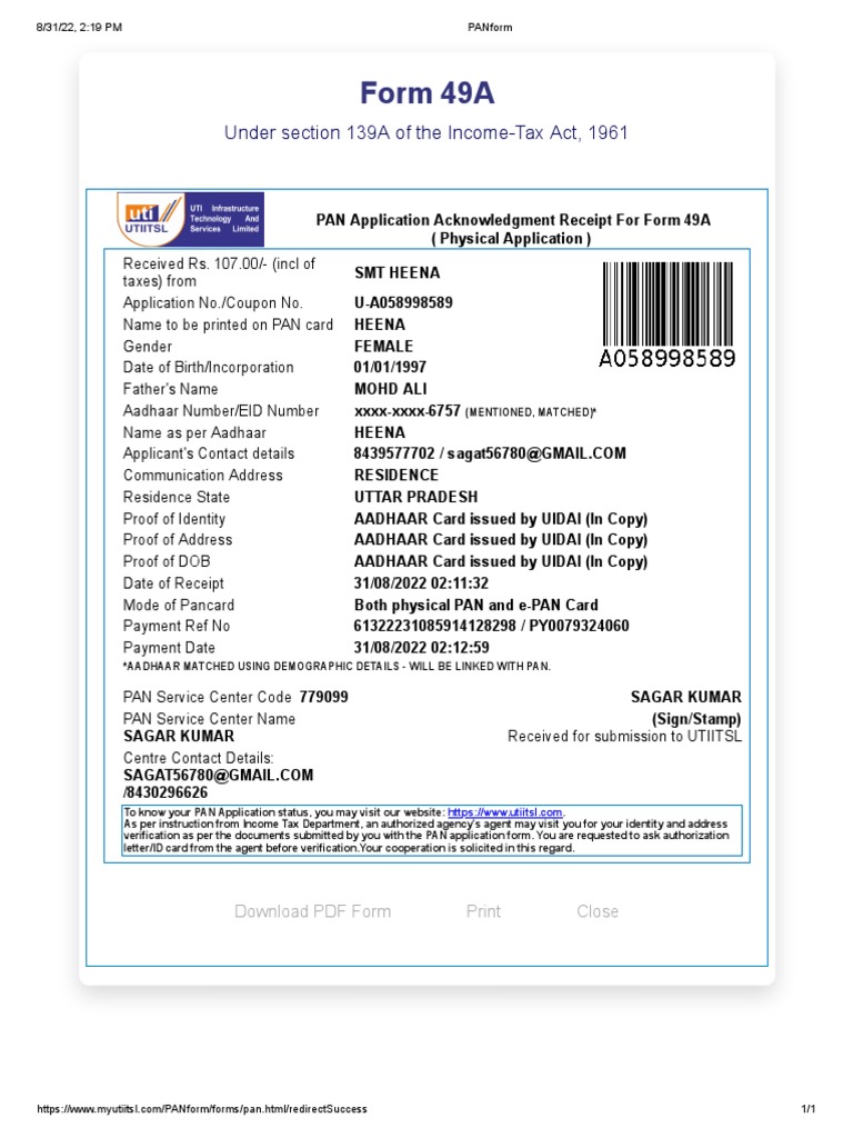 PAN Application Acknowledgment - Form 49A | PDF