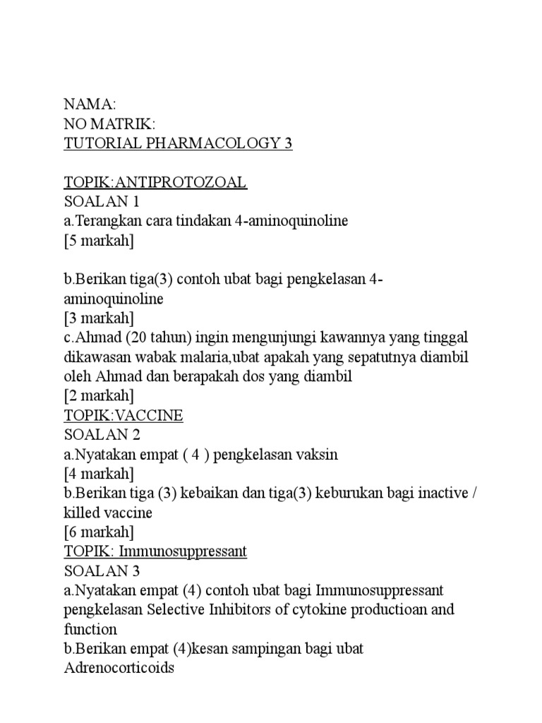 Jawapan Soalan Tutorial Pharmacology 3 | PDF