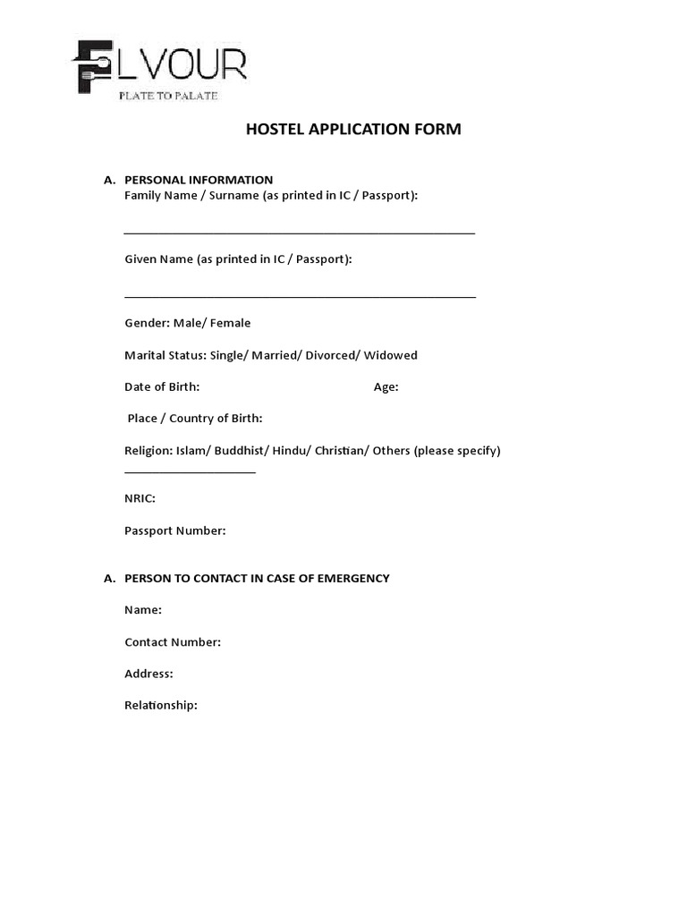 Hostel Application Form Template | PDF