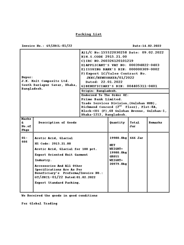 Packing List J.K PDF | PDF