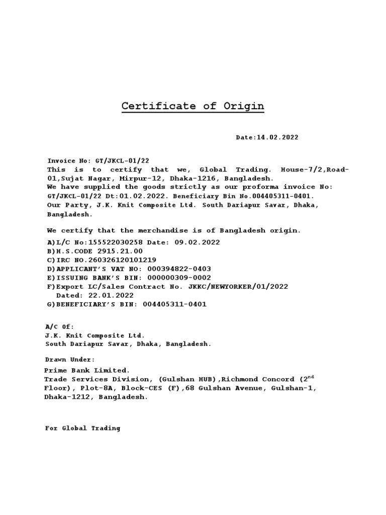 Certificate of Origin J.K PDF | PDF