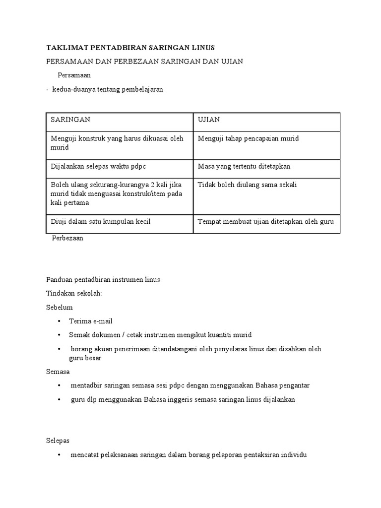 Nota saringan linus | PDF