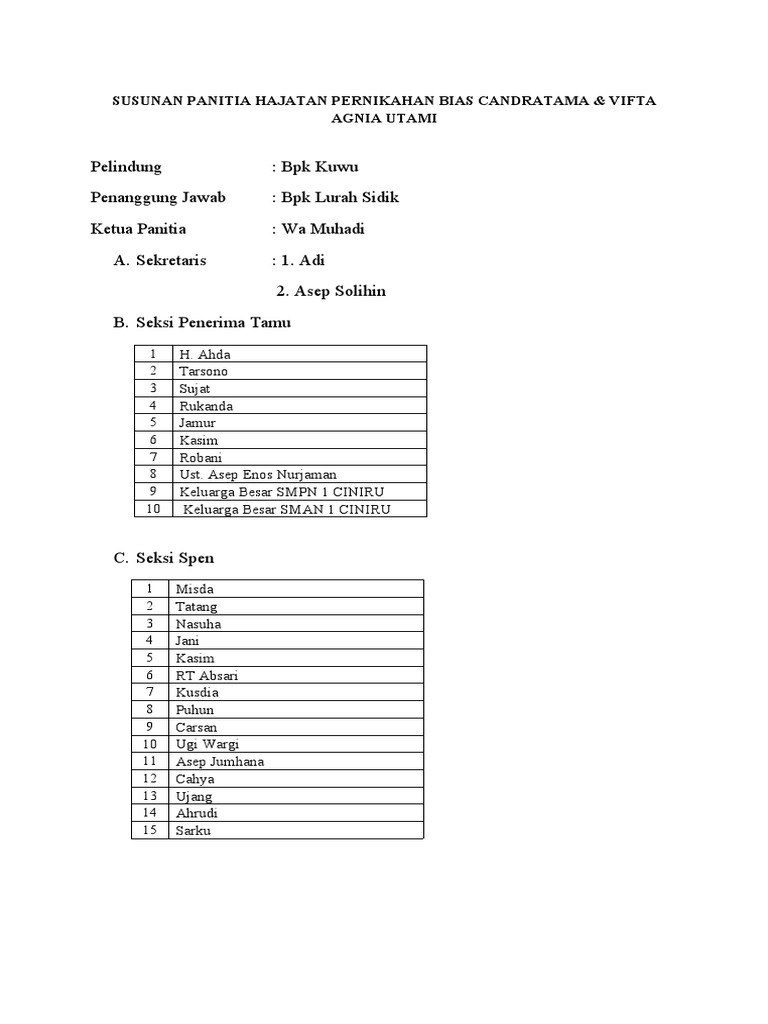 Susunan Panitia Hajatan Pernikahan Bias Candratama | PDF