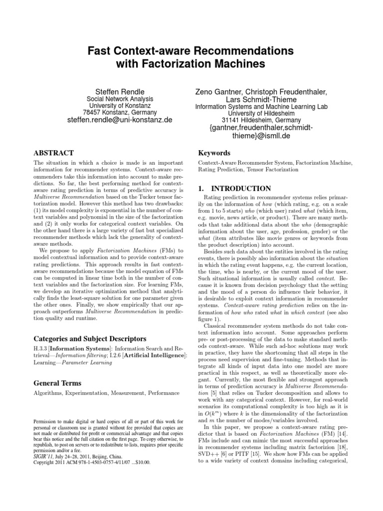 (FM) Fast Context-Aware Recommendations With Factorization Machines (UKON 2011) PDF | PDF