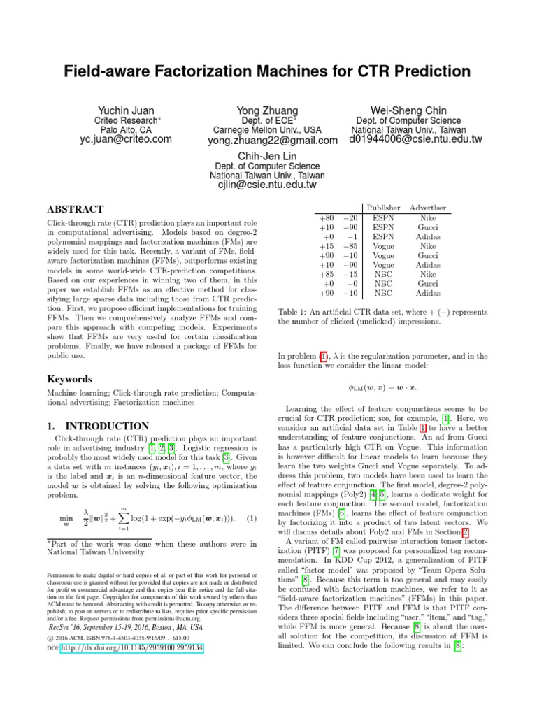 (FFM) Field-Aware Factorization Machines For CTR Prediction (Criteo 2016) PDF | PDF | Teaching ...