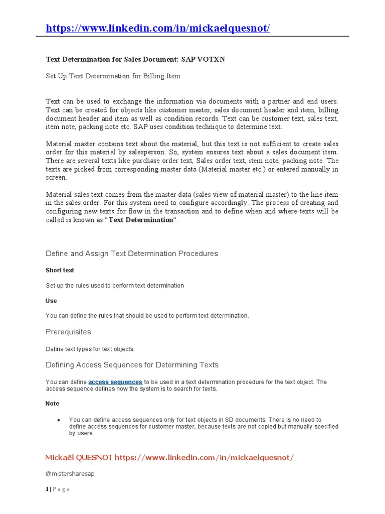 GU - SAP S4 HANA - Text Determination For Sales Document SAP VOTXN | PDF