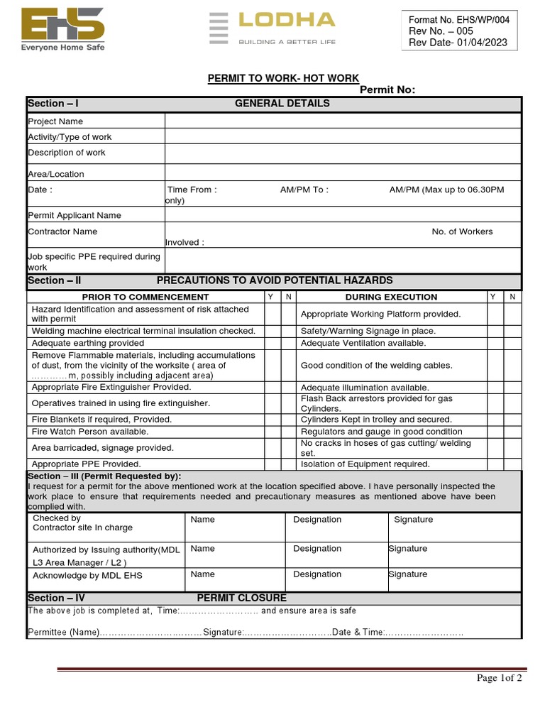 EHSWP004 - Hot work Permit.pdf | PDF | Personal Protective Equipment ...