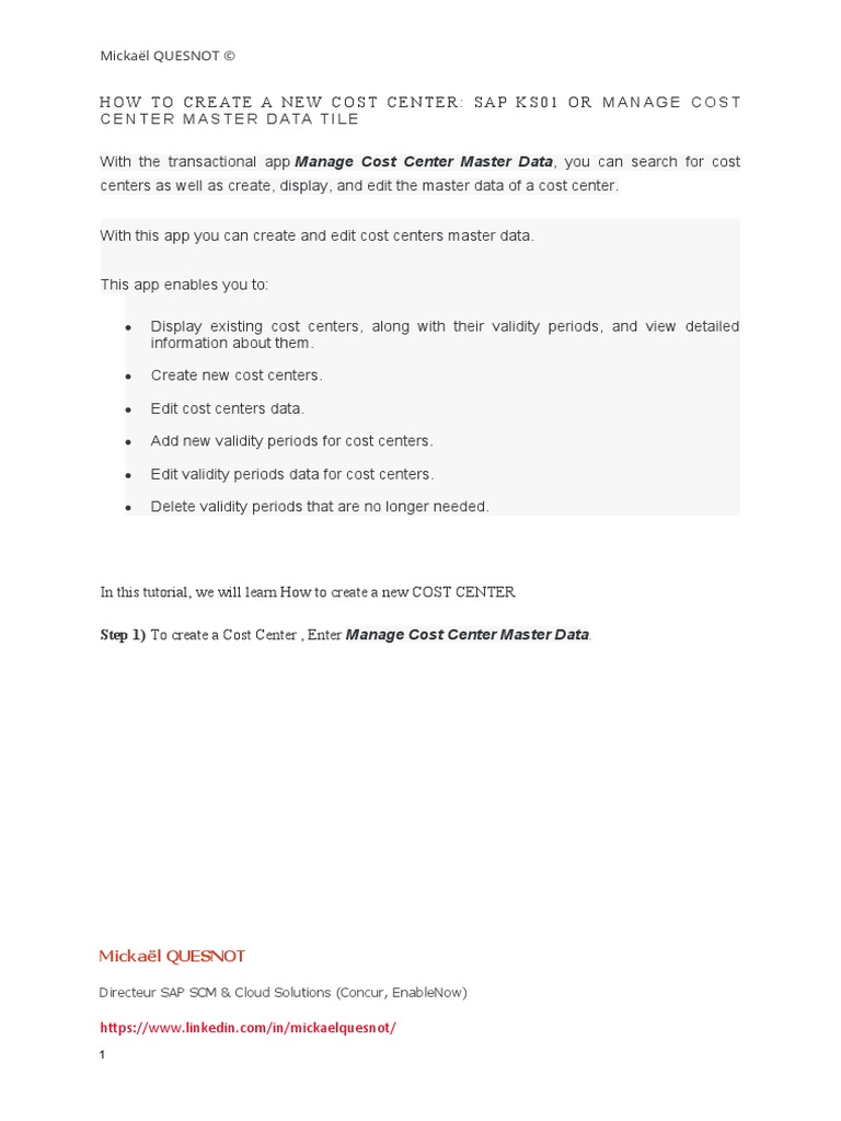 Gu - Sap s4 Hana - How To Create A New Cost Center - Sap Ks01 | PDF