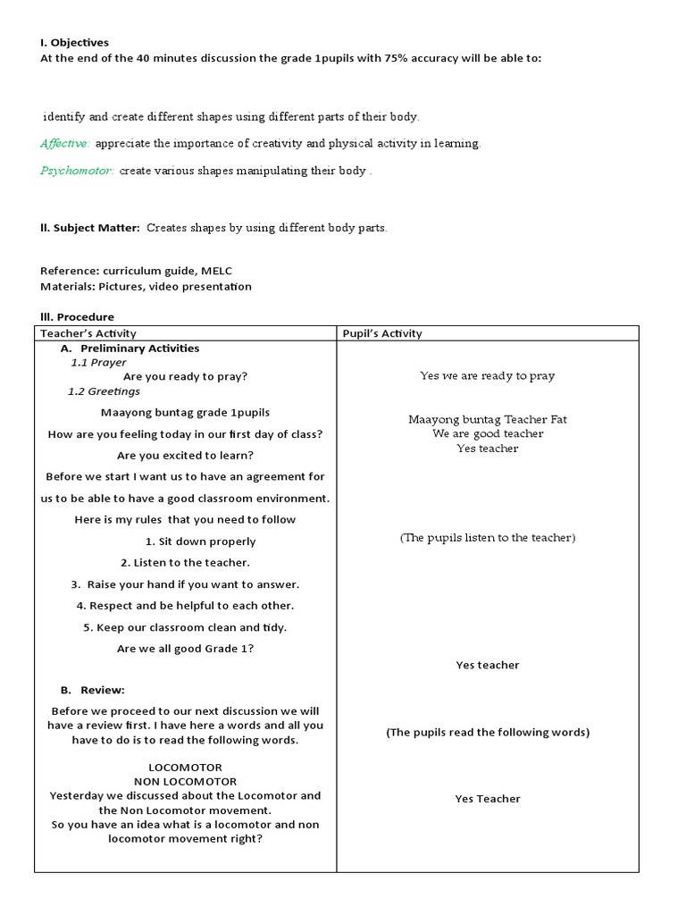 LESSON-PLAN-In-P.E (Creating Shapes Using Different Body Parts) | PDF