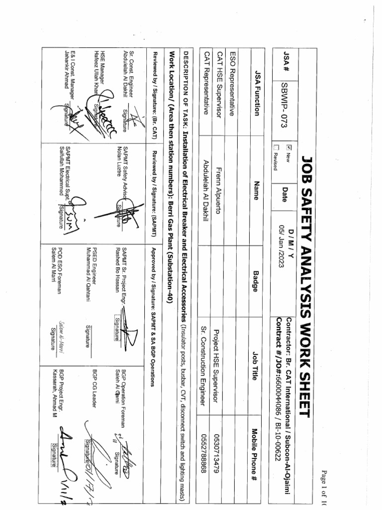 JSA For Lifting Shfting Installation of Electrical Breakers ...