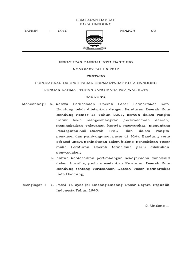 Perda No.2 Tahun 2012 PERUSAHAAN DAERAH PASAR BERMARTABAT KOTA BANDUNG | PDF