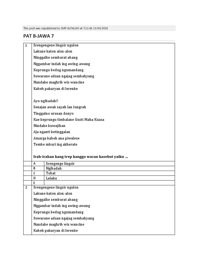 Soal PAT 2 BJ 7 19-20 Revisi | PDF