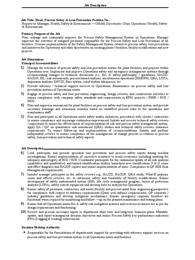 Head, Process Safety - Job Description PDF | PDF