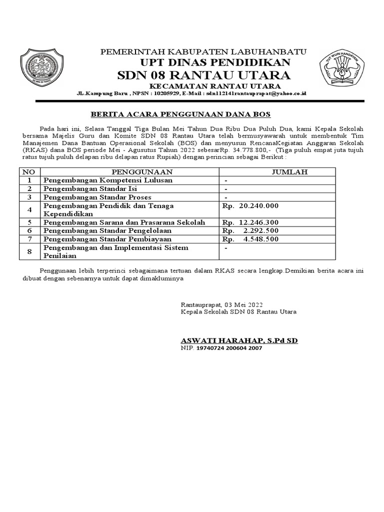 Berita Acara Penggunaan Dana Bos | PDF