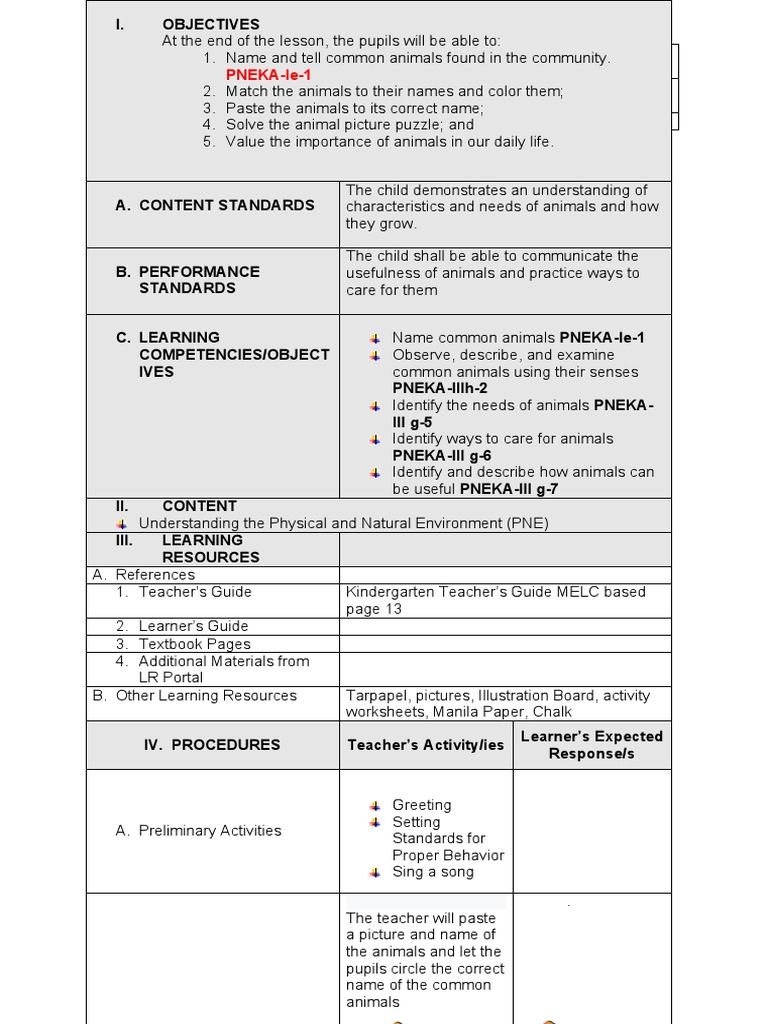 Kindergarten Animal Lesson Plan | PDF