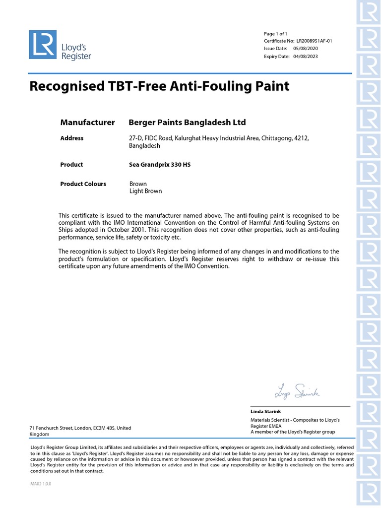 TBT-Free Anti-Fouling Paint Certificate | PDF