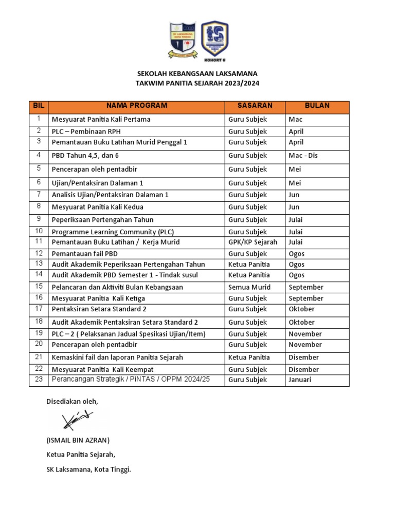 Takwim Panitia Sejarah 2023 2024 | PDF