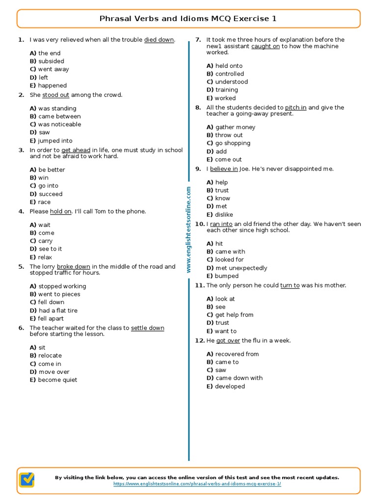 Phrasal Verbs MCQ Practice Test | PDF