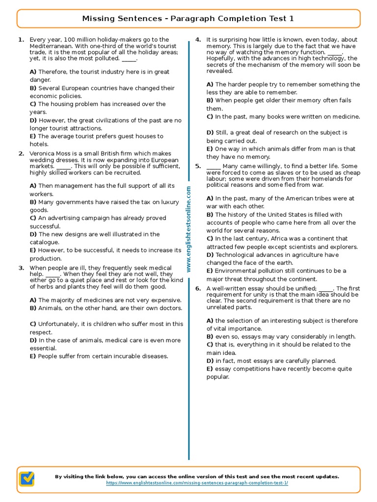 Missing Sentences: Paragraph Completion | PDF