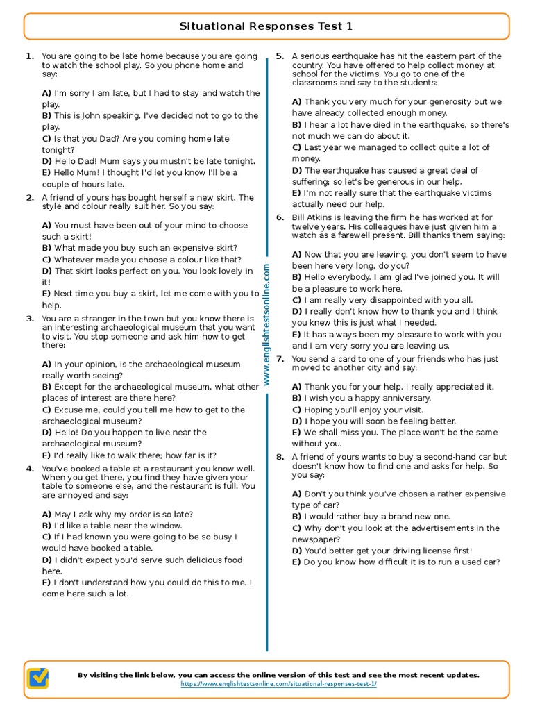 Situational Responses Test 1 | PDF