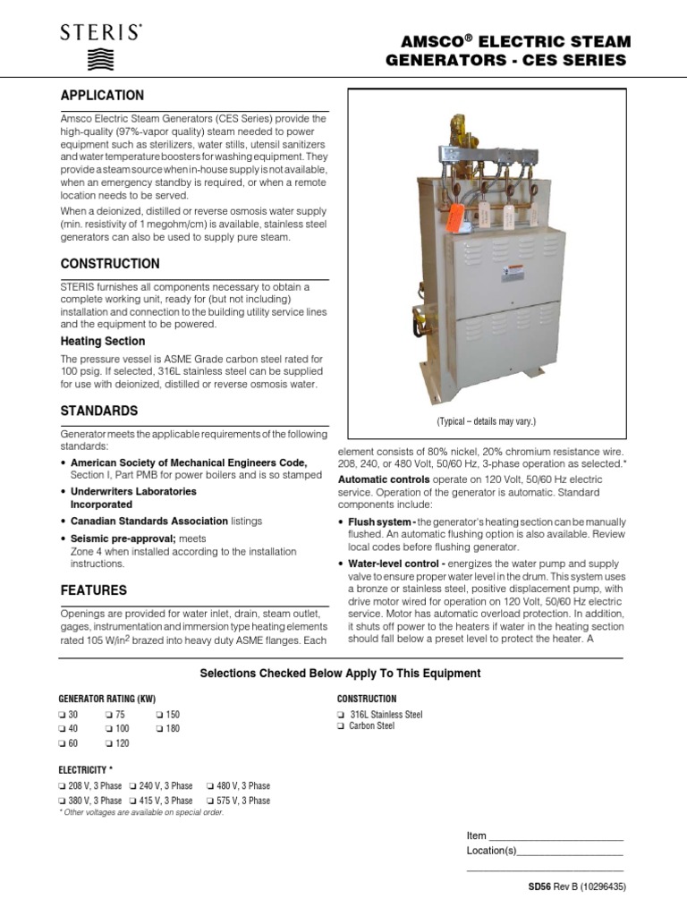 Amsco Electric Steam Generators - Ces Series: Application | PDF