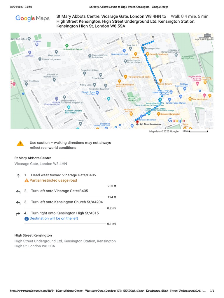St Mary Abbots Centre to High Street Kensington - Google Maps | PDF