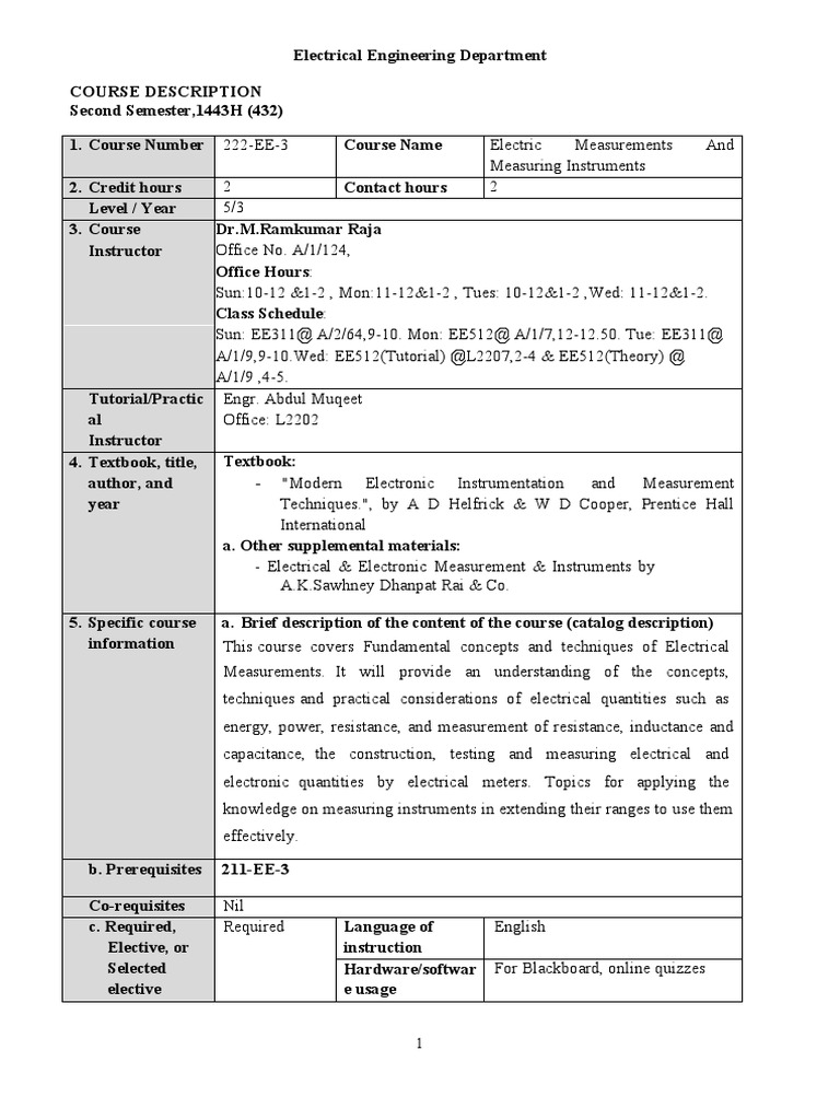 222-EE-Electrical Measurment - Instrumentation | PDF 222-EE-Electrical Measurment - Instrumentation | PDF