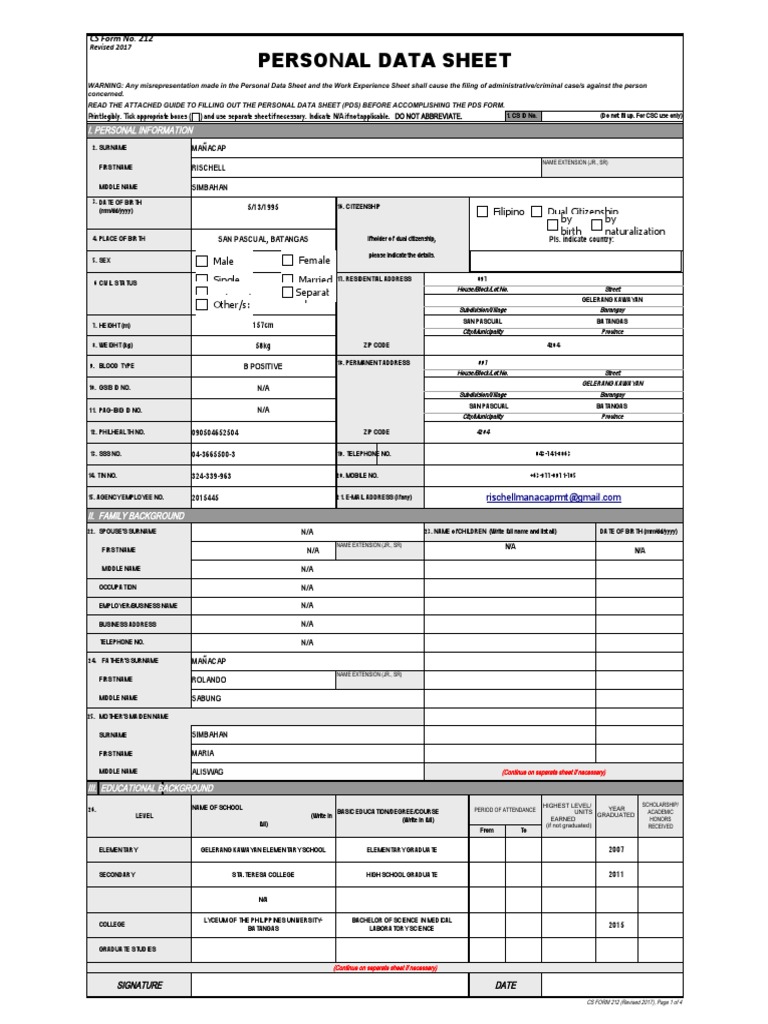 Personal Data Sheet | PDF