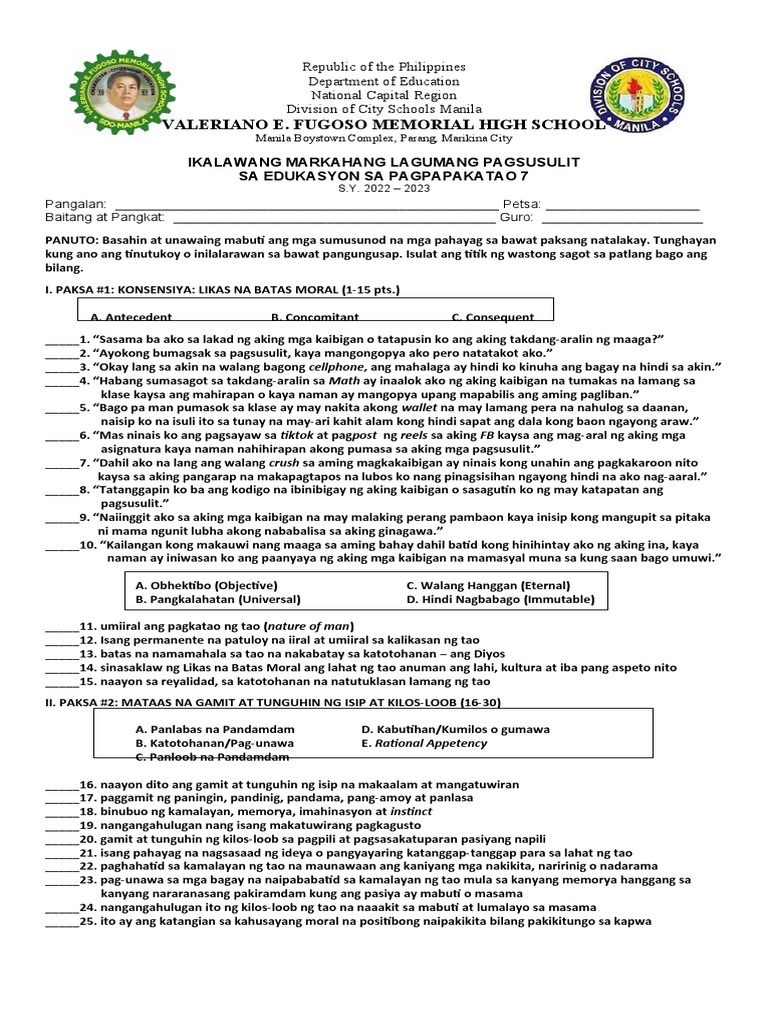 Esp 7 Q2 Summative Tests | PDF