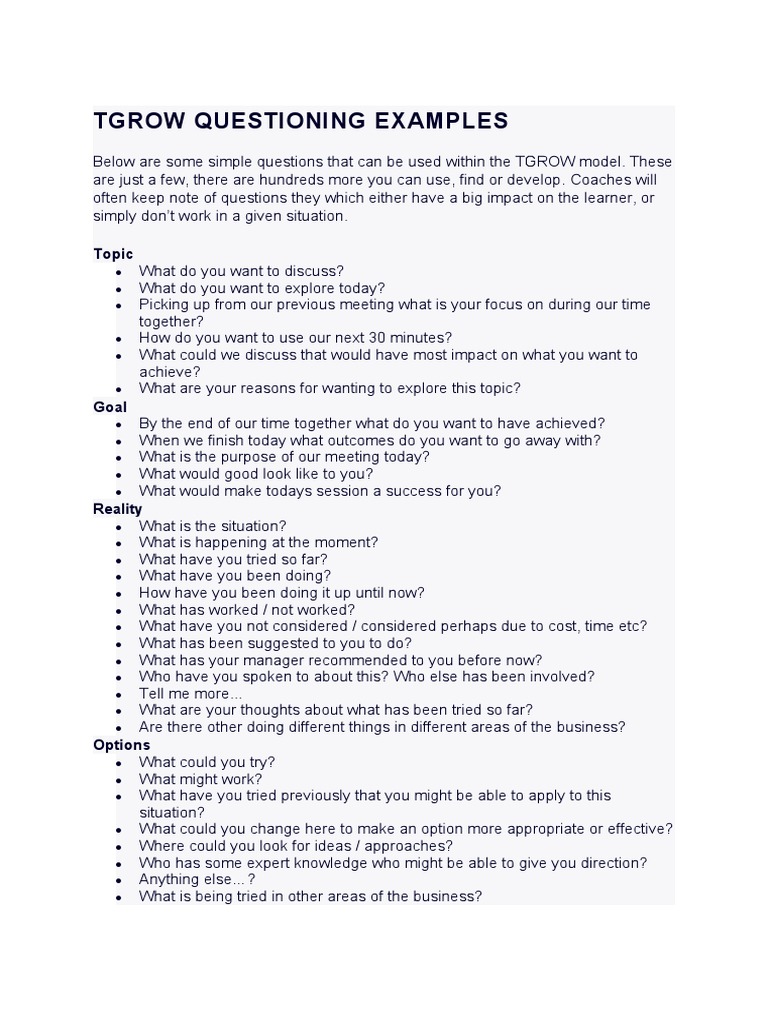TGROW Coaching Questions Guide | PDF
